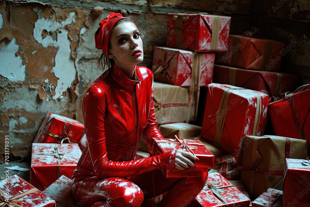Xmaspunk glamour! Blonde in a red latex suit amidst red boxes ...
