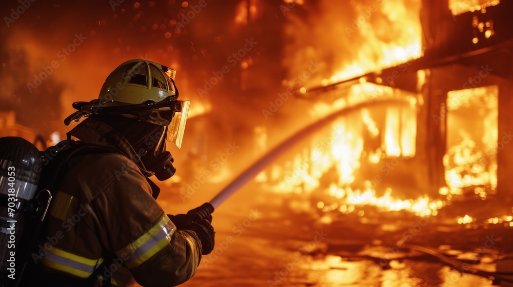 Firefighter in action, dousing a raging fire at night with a fire hose ...