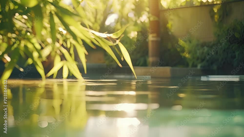Closeup of the tranquil pool at the base of the bamboo fountain ...