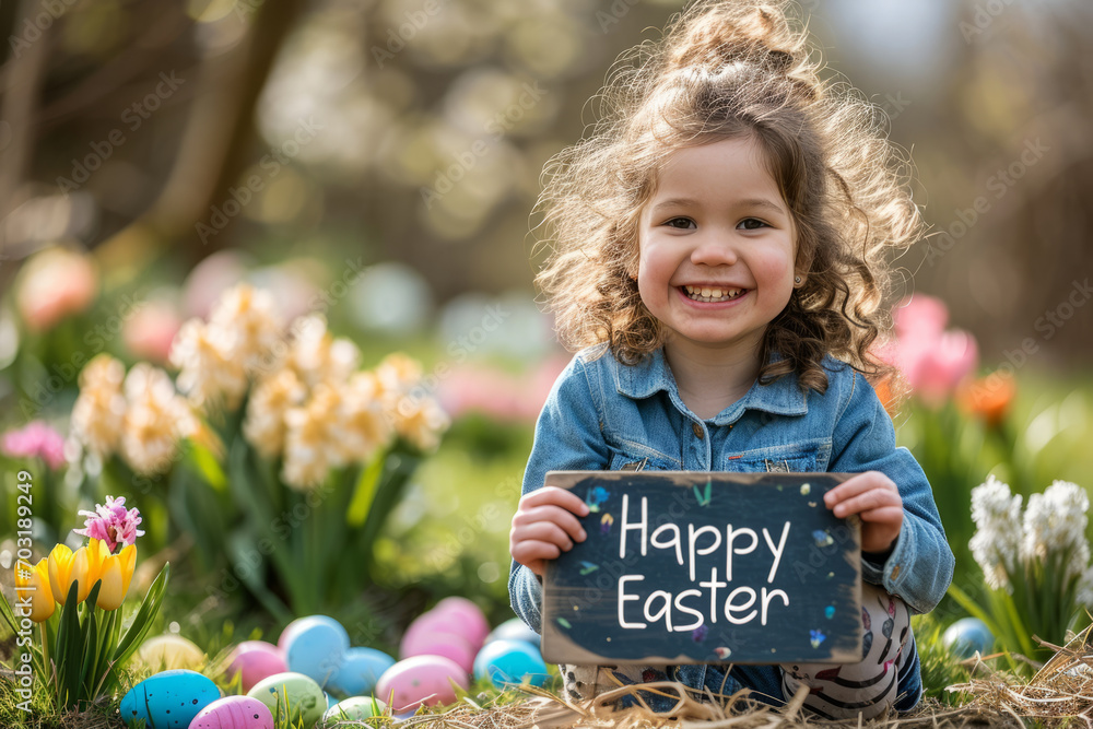 Happy easter concept image with a child kid holding a sign board with ...