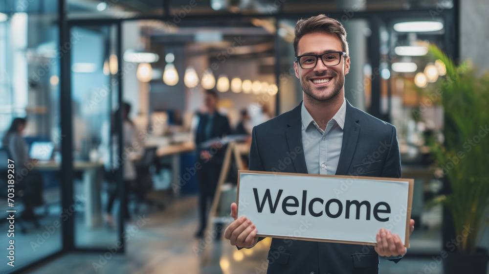 Welcome to company concept image with male manager holding a welcome ...