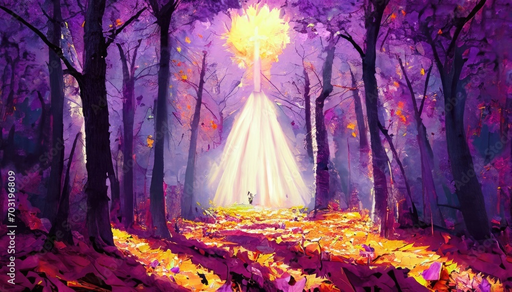 Excellent in the forest with the light of God art painting Stock ...