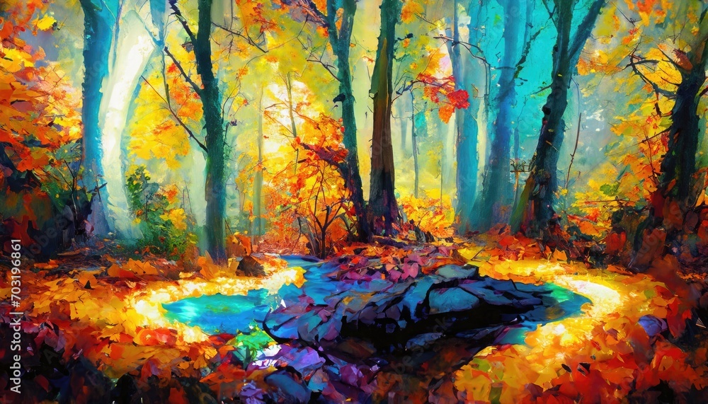 Excellent in the forest with the light of God art painting Stock ...