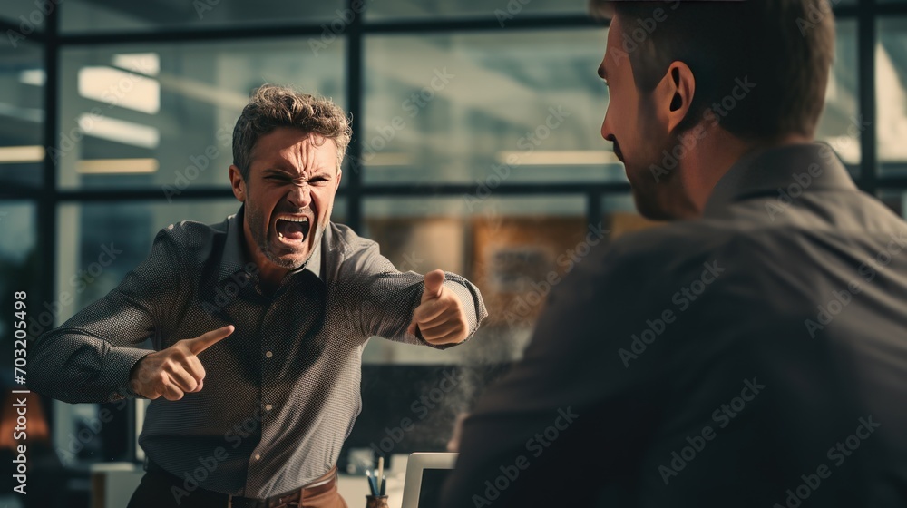 Angry yelling boss point arm to exit dismissing sad worker at office ...