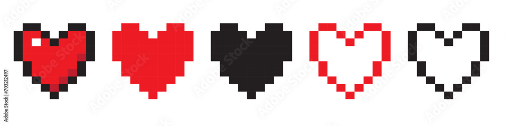 Retro style pixel heart icon collection. Red and black vintage 8 bit ...