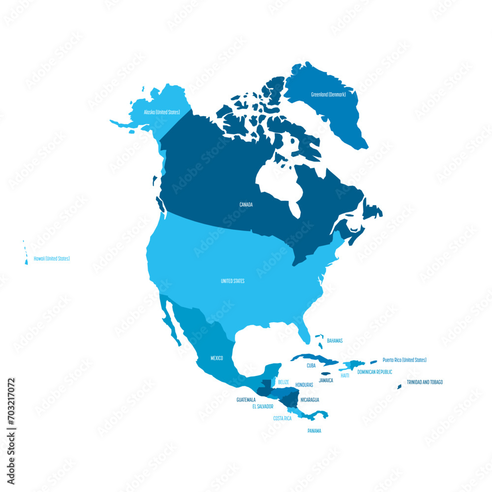 Political map of North America. Blue colored land with country name ...