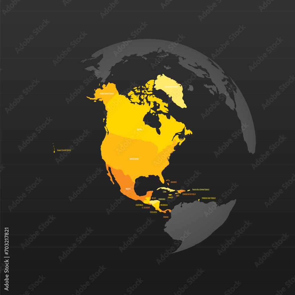Political map of North America. Yellow colored land with country name ...