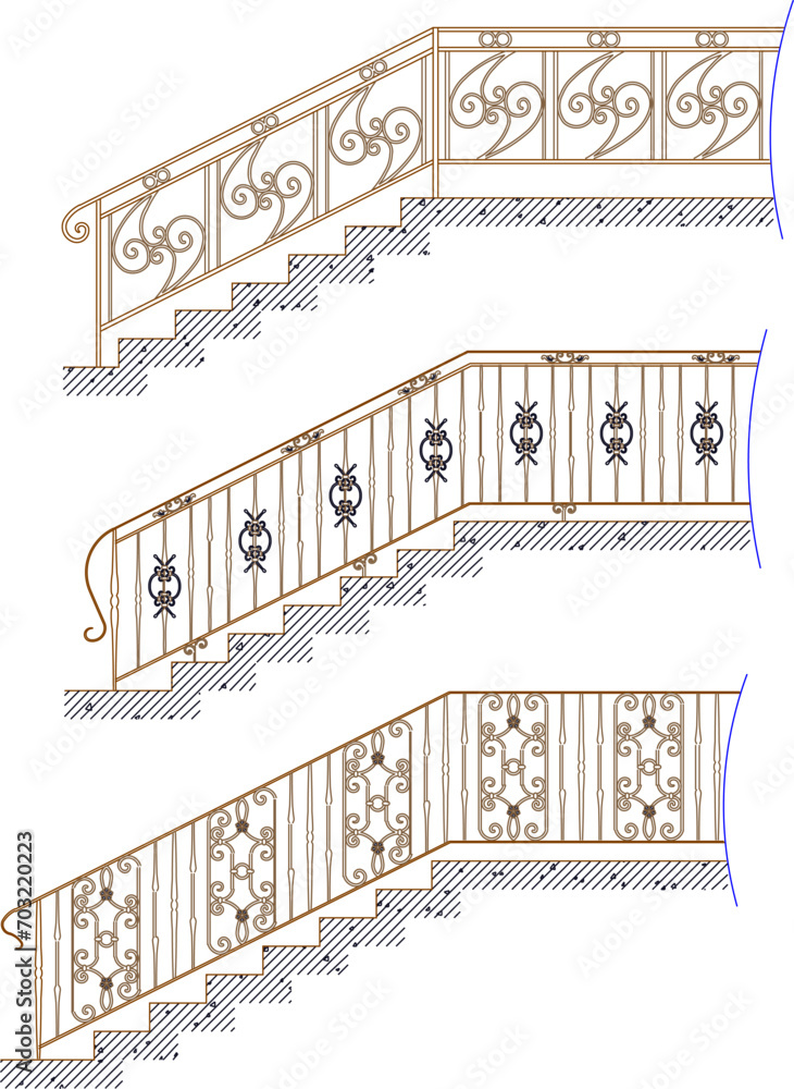 vector sketch illustration of vintage ethnic iron stair railing design ...