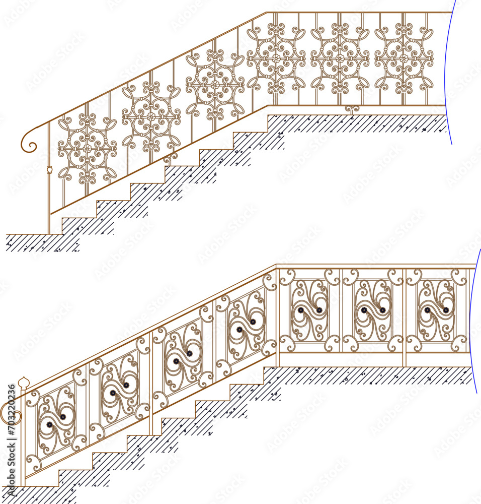 vector sketch illustration of vintage ethnic iron stair railing design ...