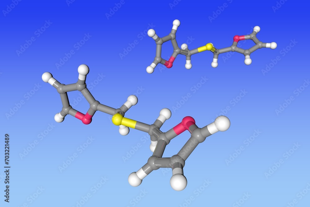 Difurfuryl sulfide, molecular model. Atoms are shown as spheres with ...