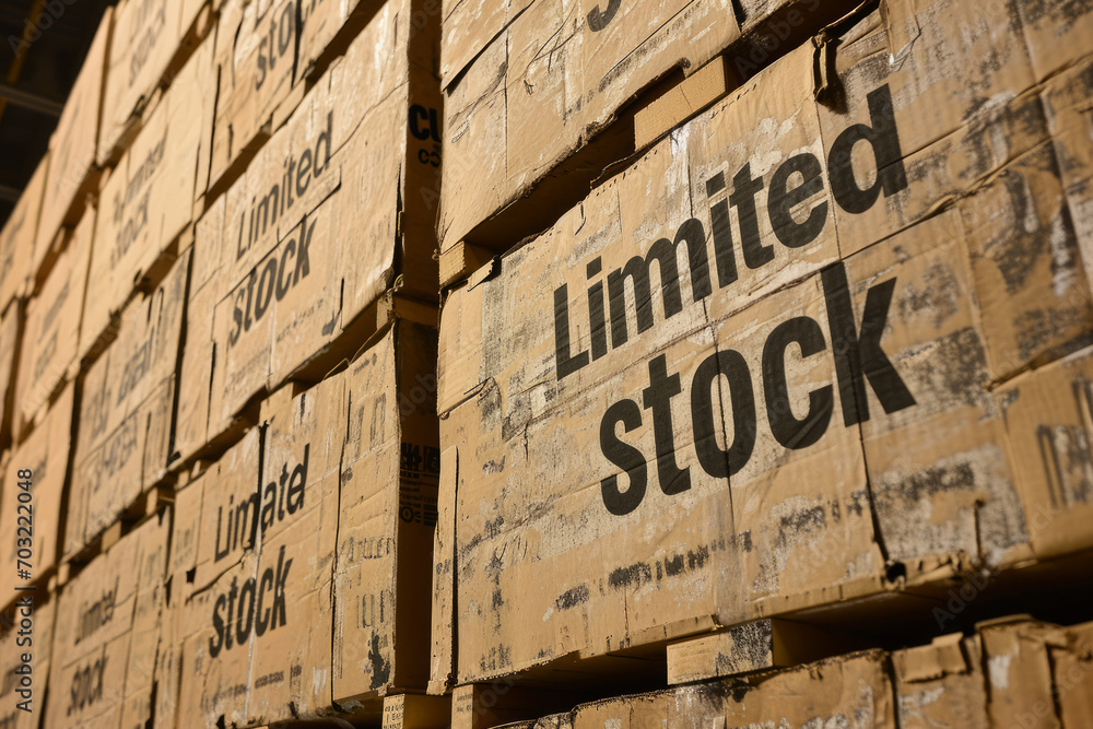 Fake scarcity concept image with huge wall of cardboard boxes with ...