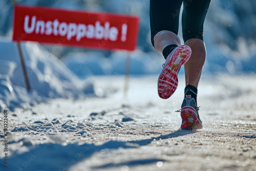 Unstoppable concept image with courageous woman runner legs running on ...