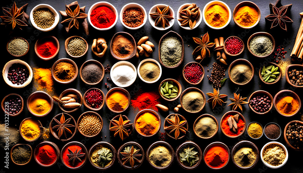 Beautiful Vast array of different spices, photojournalism, aerial top ...