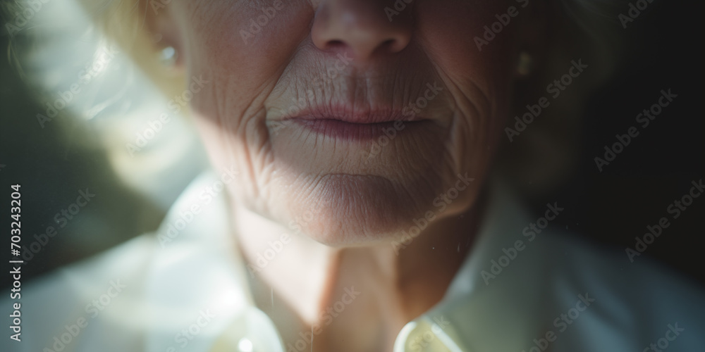 Mature woman's face up close, light casting a gentle glow on her wise ...