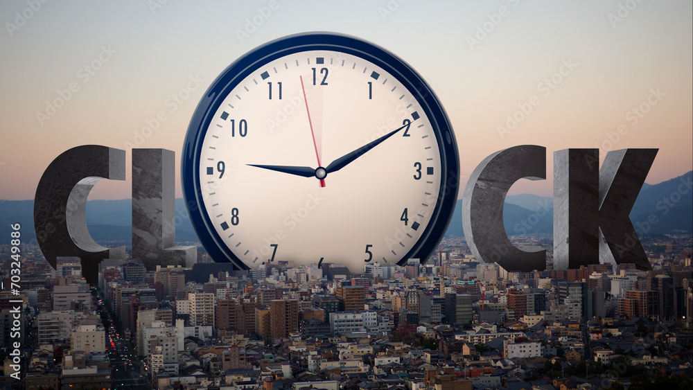 Time lape large clock Standing tall on a large city along with the ...