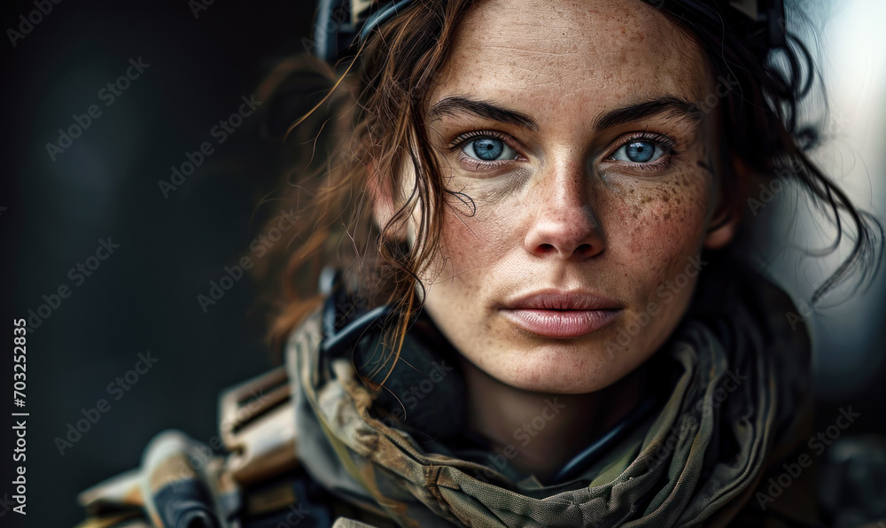 Intense portrait of a determined female soldier in tactical gear ...