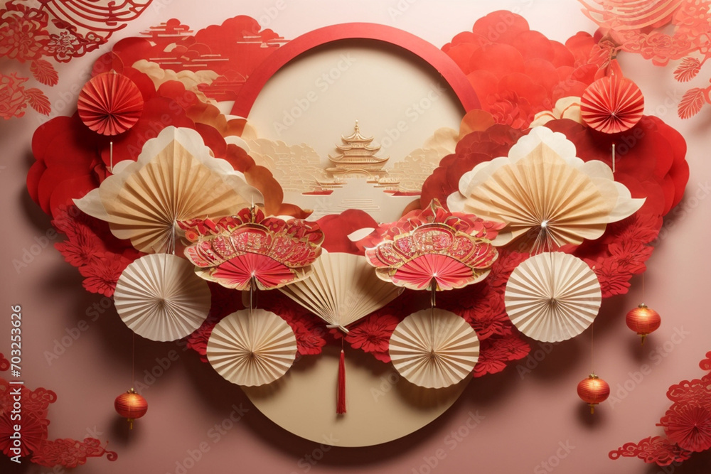 Traditional red lanterns and lamps are illustrated in this vector art ...