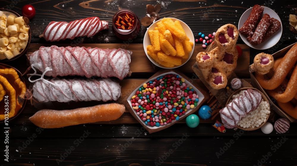 Carnival theme food table scene over a dark wood banner background. Top ...