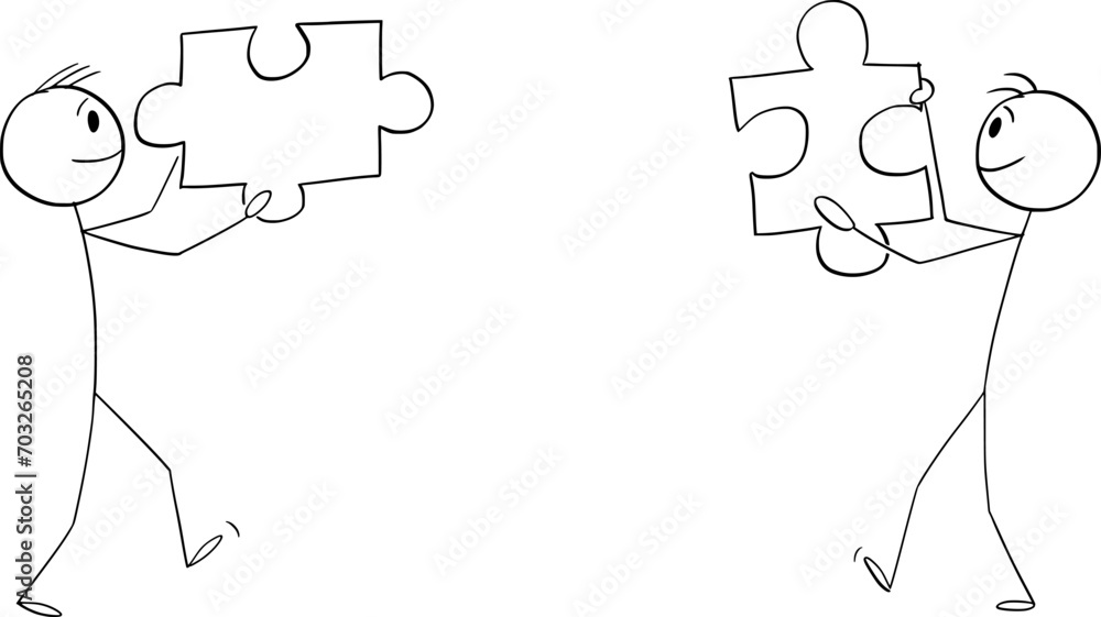 Persons or Businessmen Solving Puzzle Together, Vector Cartoon Stick ...