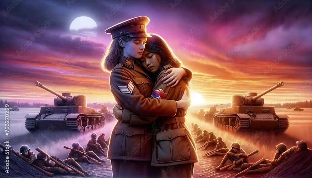 two girls in military uniform hug from different sides against the ...