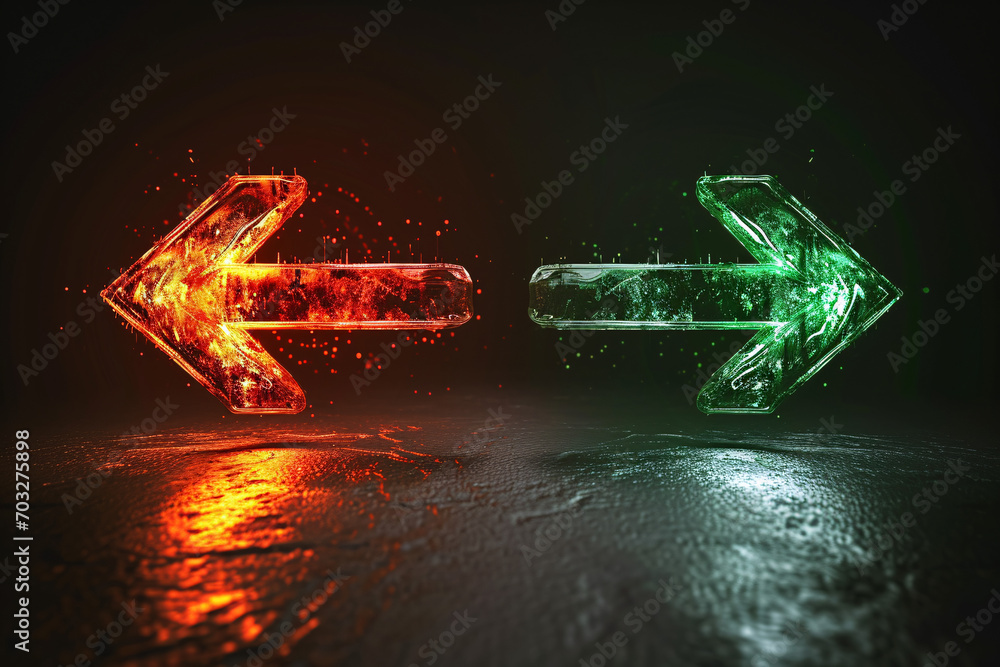 Green and red arrows facing opposite directions with fiery and icy ...
