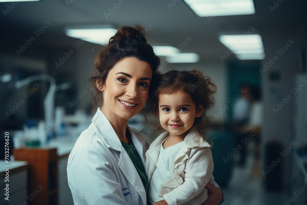 Friendly caring professional pediatrician cheking kid small patient ...
