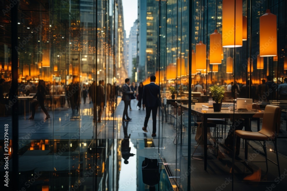 High-rise office building with blurred employees working behind ...