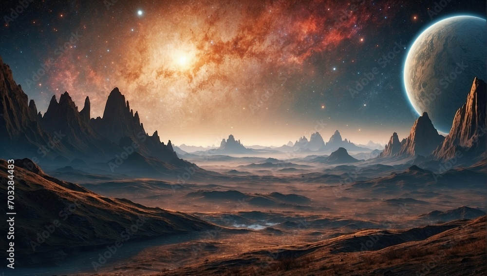 Expansive alien landscape with jagged mountains under a star-filled sky ...