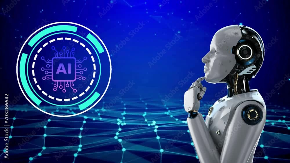 Robot with AI icon on virtual background provide access information. Artificial intelligence ...