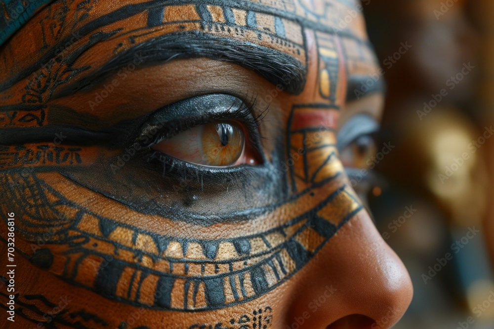 Close-up of a man's face with body painting inspired by ancient ...