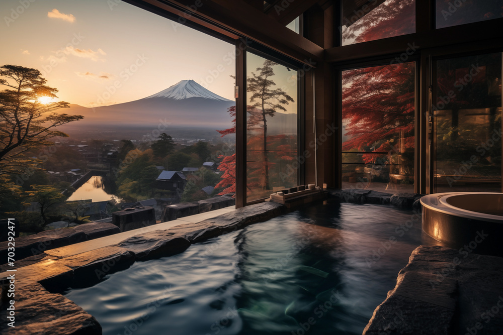 Japanese outdoor hot springs (Onsen) overlooking Mount Fuji from luxury ...