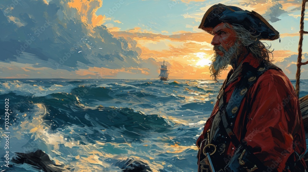 An ancient pirate in a costume of the era stands against the backdrop ...