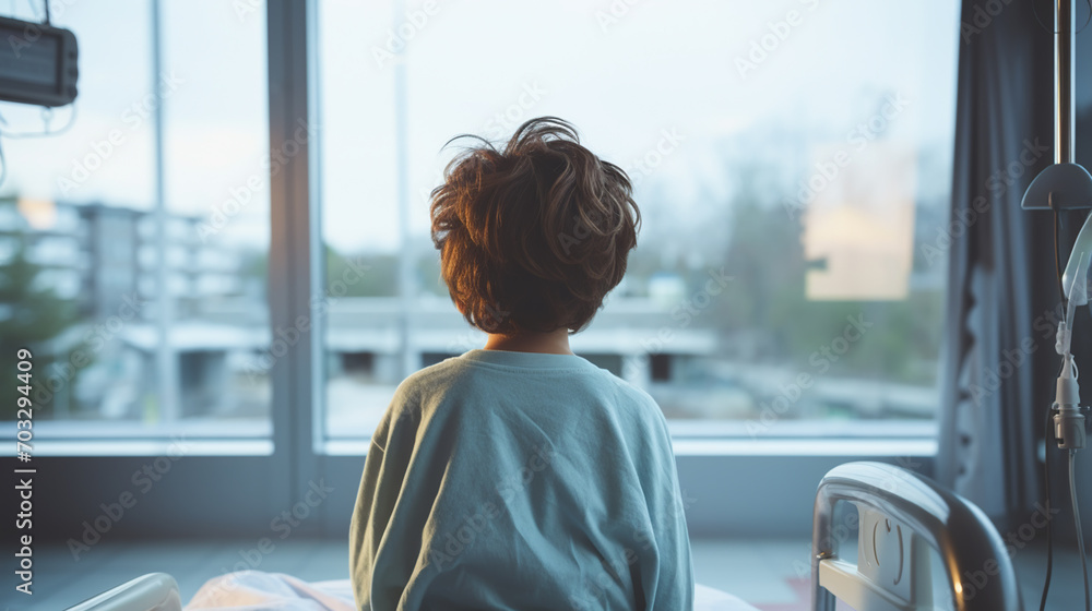 Back view of kid patient sitting on hospital bed looking out of window ...