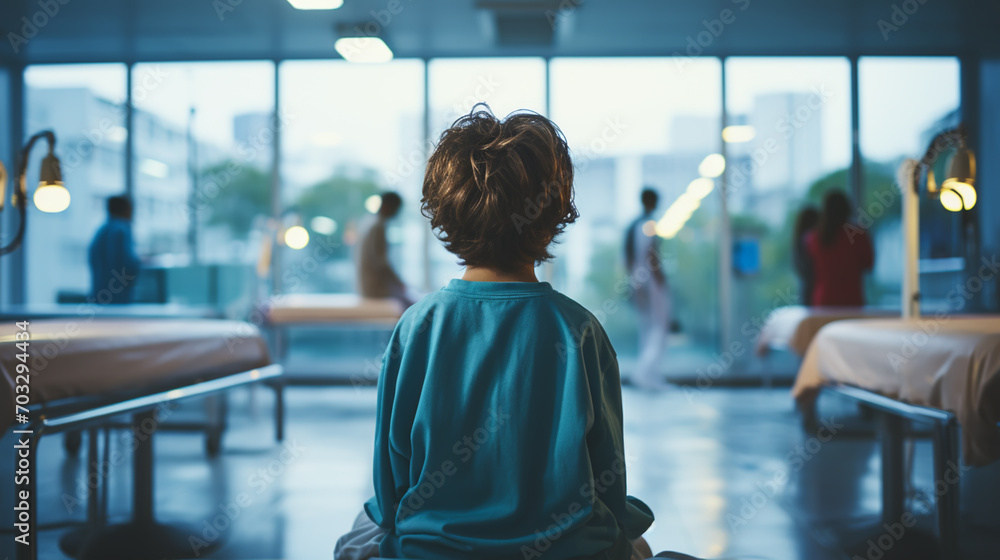 Back view of kid patient sitting on hospital bed looking out of window ...