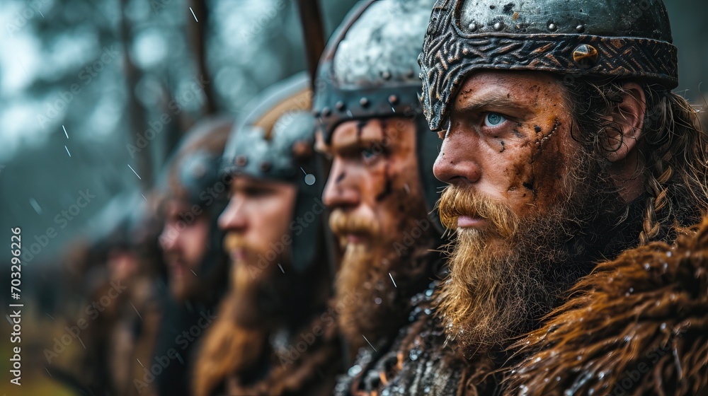 groups of Vikings standing in the rain. Each warrior is dressed in ...