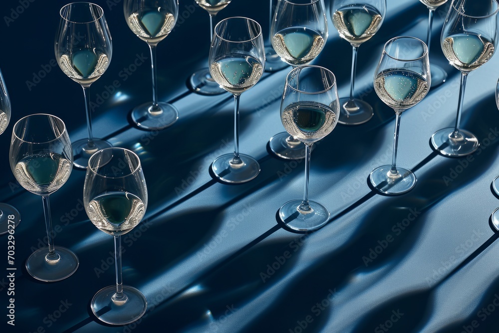 Patterned shadows cast over multiple wine glasses on a satin blue ...