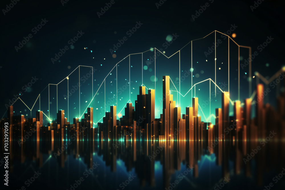 Stylized city skyline with glowing financial graphs and diagram Stock ...