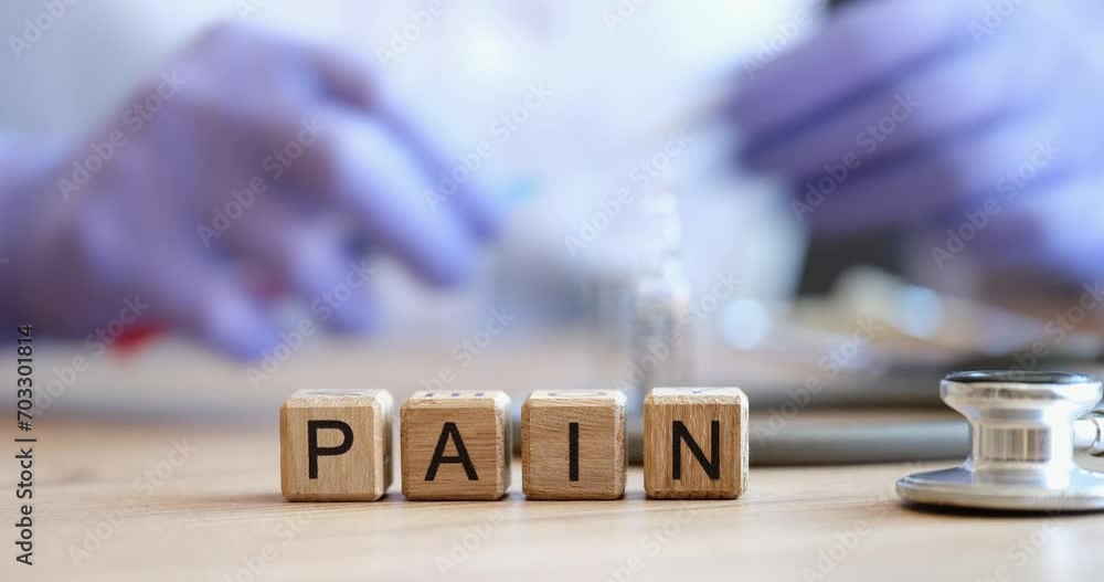 Text pain on background of doctor with syringe with needle in clinic ...