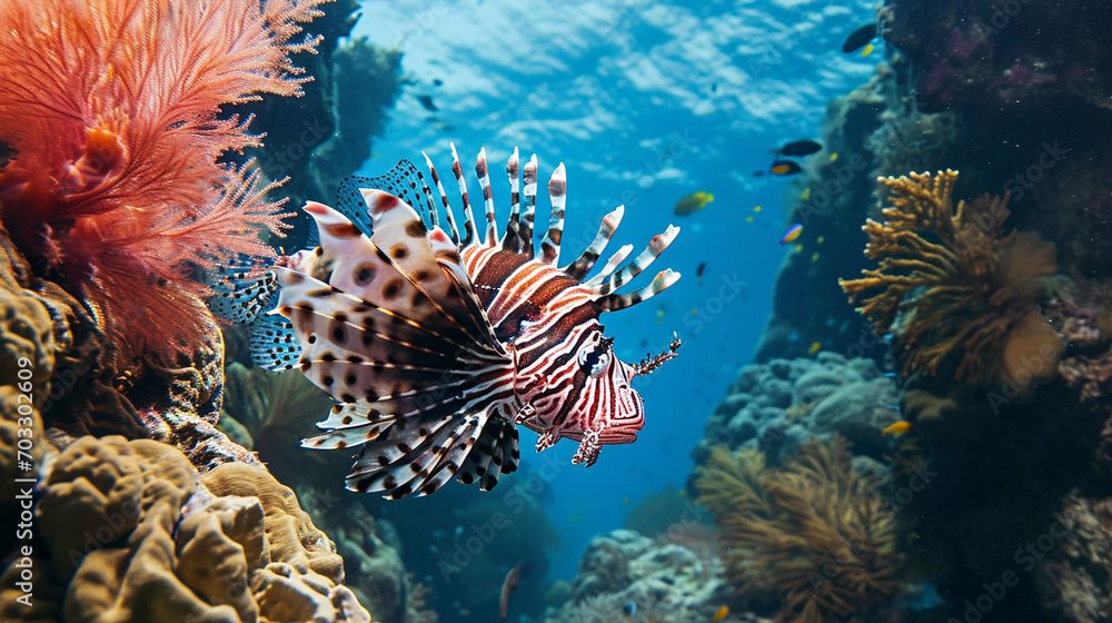 Large lionfish fish, ocean, large coral reefs, predatory and poisonous ...