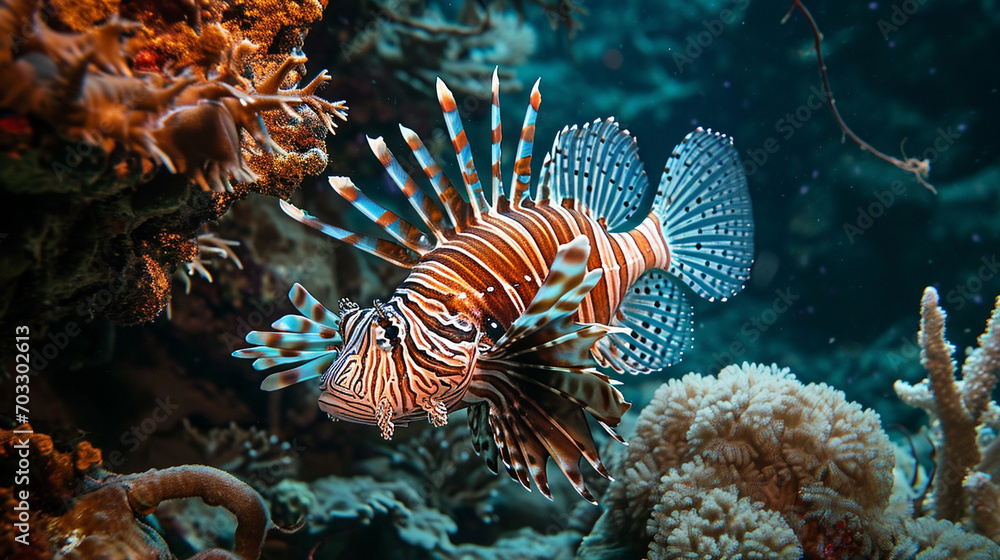 Large lionfish fish, ocean, large coral reefs, predatory and poisonous ...