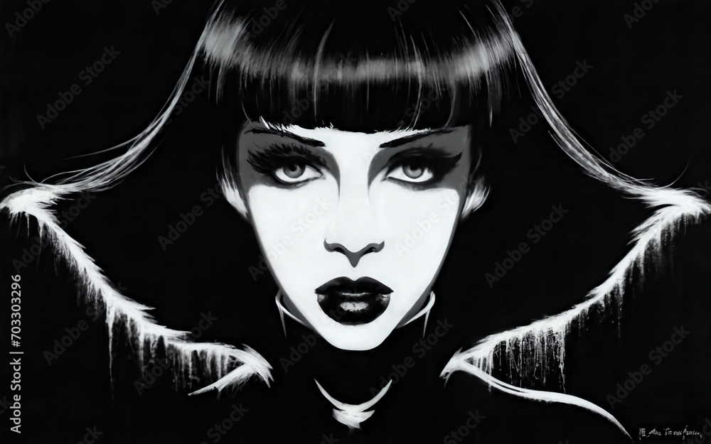 minimalist closeup silhouette of a girl with vampire teeth, a narrow ...