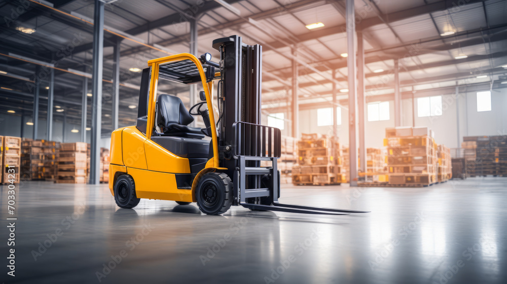 Yellow forklift in a vast warehouse with high windows. Storage ...