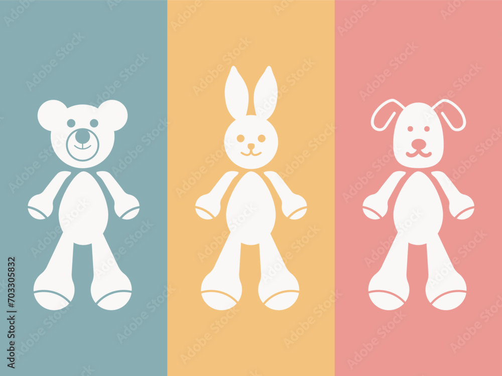 Plush animals toy flat icon. Vector Teddy bear, rabbit and dog plush ...