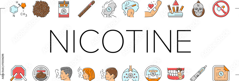 nicotine cigarette tobacco smoke icons set vector. smoke addiction ...