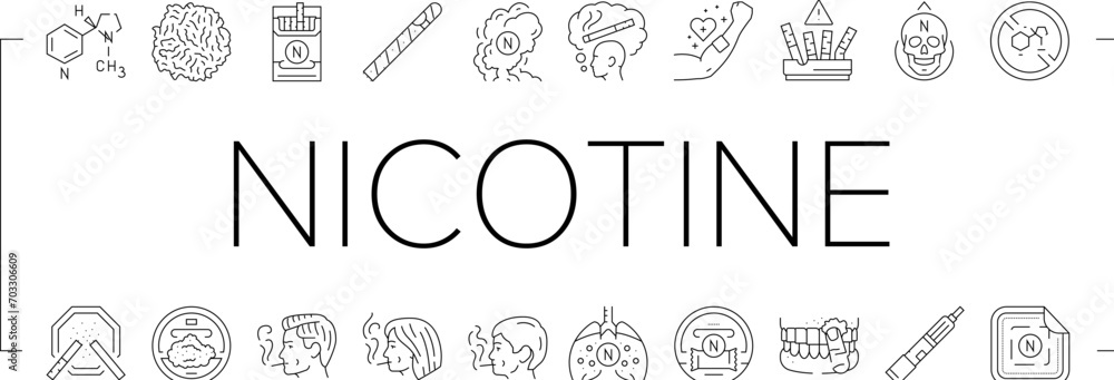 nicotine cigarette tobacco smoke icons set vector. smoke addiction ...