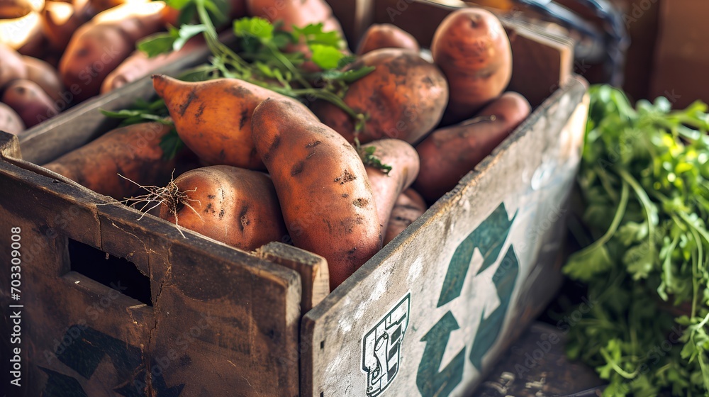 Fresh sweet potatoes with a green recycle symbol imprinted on its ...
