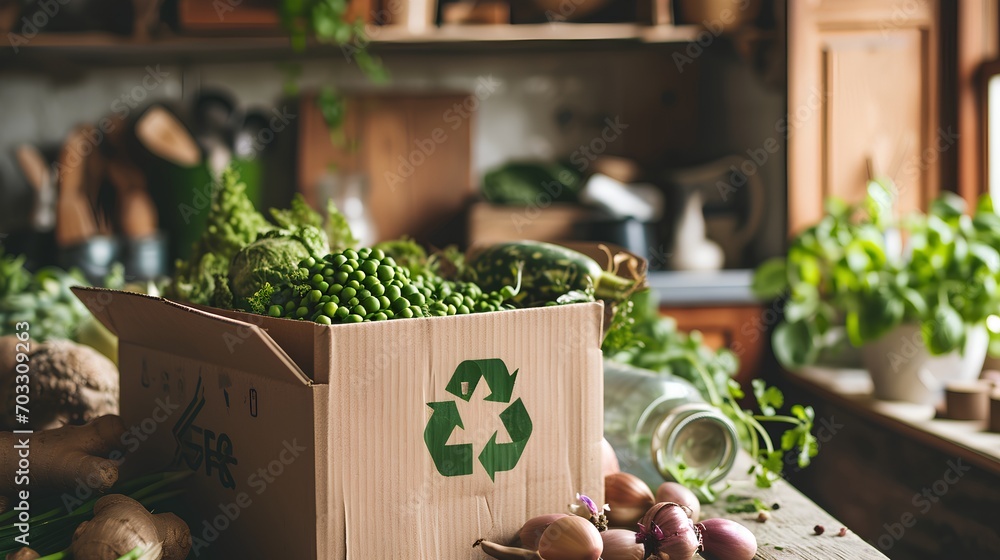 An eco-friendly cardboard box adorned with the universal recycling ...