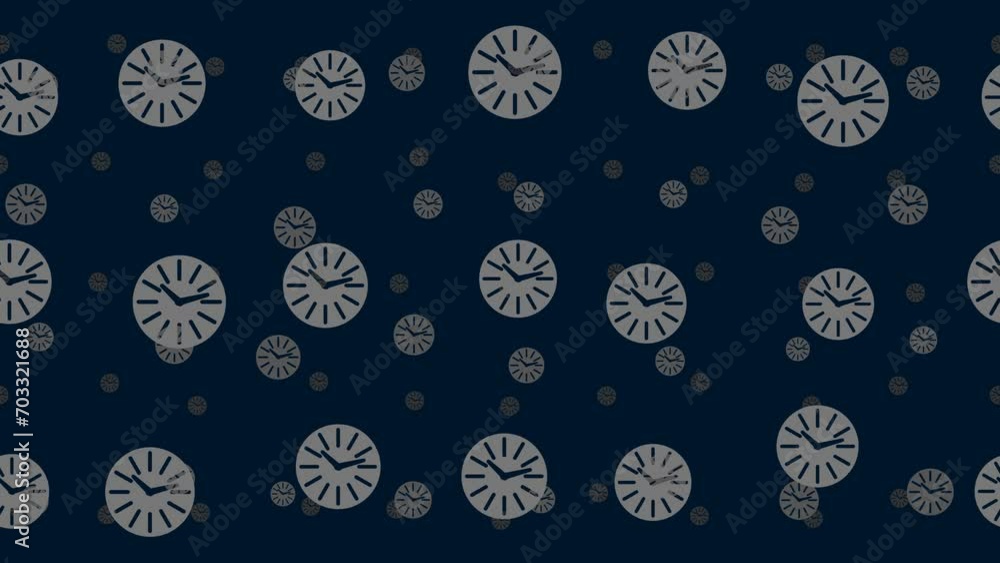 Clock symbols float horizontally from left to right. Parallax fly ...