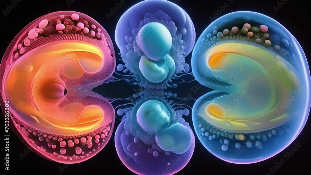 A colorful illustration depicting various stages of cellular ...