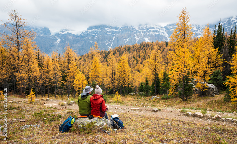 Tourists hiking in Larch Valley. Banff National Park, Canadian Rockies ... Tourists hiking in Larch Valley. Banff National Park, Canadian Rockies ...